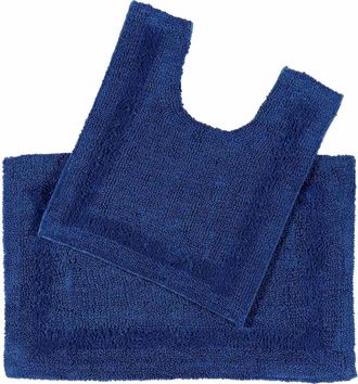 Homescapes 2-TLG. Badematten-Set dunkelblau, Badematte 50x80 cm & WC-Vorleger mit Ausschnitt 50x55 cm, Baumwoll-Badteppiche mit Wende-Design