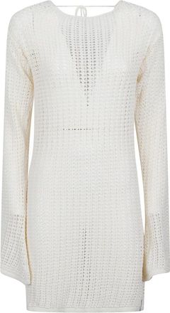 Hinnominate Hinnominate, Femme, Robes, Blanc, Taille: 38 FR Robe Courte &agrave; Manches Trompette en Tricot Ajour&eacute;
