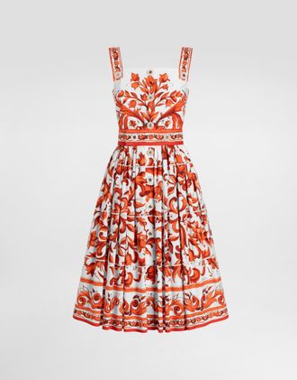 Dolce & Gabbana Maxikleid Aus Popeline Mit Majolika-print - Frau Kleider Mehrfarbig 46