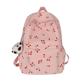 Generic Sac à dos en velours côtelé pour étudiante, sac décole à motif cerise pour filles, sac à dos tendance simple et décontracté avec fermeture éclair, sac