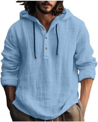 Generic Sweat &agrave; capuche pour homme en coton &agrave; manches longues et col boutonn&eacute; l&eacute;ger, respirant, confortable, doux, d&eacute;contract&eacute;, couleur unie, pull printemps 2
