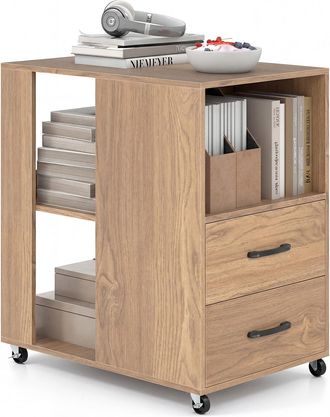 Giantex Beistelltisch mit abschlie&szlig;baren Rollen, Nachttisch mit Schubladen, Regalen, Sofatisch f&uuml;r B&uuml;ro, Wohnzimmer & Schlafzimmer, 60 x 40 x 65,5 cm (Natur)