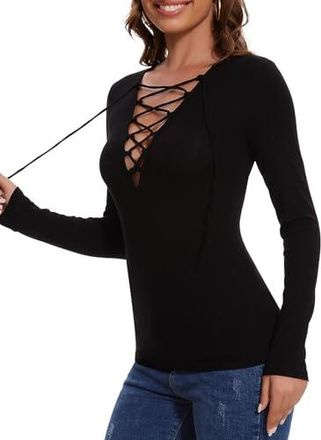 Joyshaper Haut Femme T Shirt Manche Longue Col Profond en V Top Slim Fit pour Femmes Noir L