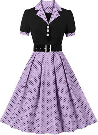 Generic Robe Vintage Femme Année 40, Chic Et Elegant Chemise 1950s Plissé Robe Vintage Swing Cérémonie Jupe Plissée avec Noeud A-Line Robe Rose Cocktail Danse