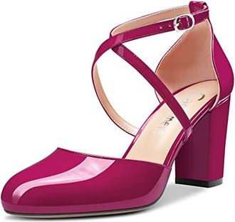 Castamere Femmes Bloc Chunky Mi Talon Heel Rond Bout Lanières Croisées Escarpins Slip-on Classique Cute Dress 8 CM Heels Magenta Rouge 36 EU