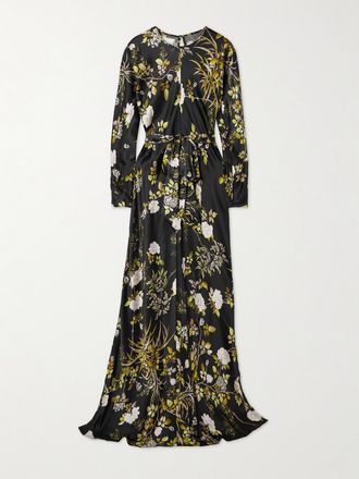 Cara Cara Montgomery Maxikleid Aus Gehämmerter Seide Mit Blumenprint Und Bindegürtel - Schwarz