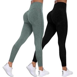 Generic Lot de 2 leggings de sport pour femme - Taille haute - Doux - Effet gainant - Coupe bootcut - Pantalon dentraînement - Pantalon de yoga, vert/noir, XL