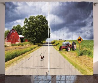 Abakuhaus l&auml;ndlich Rustikaler Vorhang, Scheune und Traktor an der Seite, Wohnzimmer Universalband Gardinen mit Schlaufen und Haken, 280 x 175 cm, Mehrfarbig