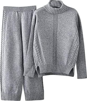 Generic Femme 2 Pcs Pull Ensemble Tricot&eacute; Hiver Sweater Top en Maille Sweatshirt Chaud Chandail Sport Pantalon Jambe Large Hiver Ensemble Sportswear Elegante 