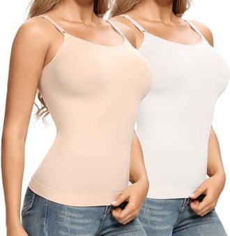Joyshaper Joyshapher T-Shirt Moulant pour Femme sous-vêtements pour Femme Fourchette Mince sans Couture Bretelles Fines, Blanc + Beige (Lot de 2), XL