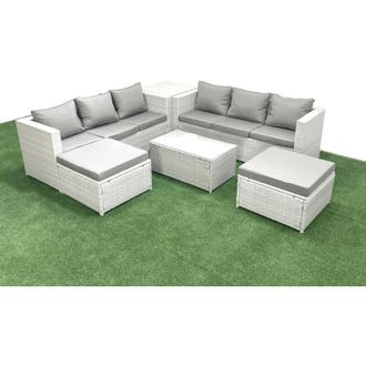 Fimous Garten Polyrattanm&ouml;bel Set 8-Sitzer Rattan Garten Sofa Set mit 2 hohen Hockern Beistelltisch Hellgrau gemischt - Fimous