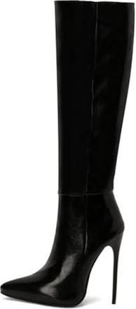 Generic Noir,40 EU,Bottes Hautes pour Femmes, Bottes à Talons Aiguilles, Bout Pointu, en Cuir Verni, Bottes Hautes Confortables en PU, Fermeture éclair latéra