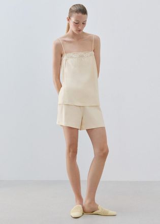 Mango Top coton bretelles dentelle jaune pastel - Femme - S - MANGO