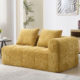 STILVORA Canap&eacute; Droit 2 Places avec M&eacute;ridienne avec Coussin et Poches Lat&eacute;rales, Confort Nuage sans Montage, en Chenille Jaune