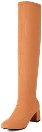 Generic Marron,43 EU,Bottes Longues tricotées pour Femmes, Bottes Hautes à Enfiler, Bout Rond, Talons épais, Bottes Hautes, Chaussures habillées décontractées