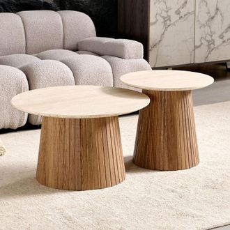 M&S Collection Lot de 2 tables basses rondes 70cm et 50cm en d&eacute;cor ch&ecirc;ne et travertin
