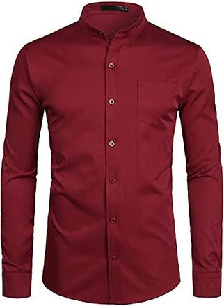 PARKLEES Chemise élégante à manches longues avec col grand-père pour homme, coupe ajustée, boutonnée avec poche, bordeaux, XL