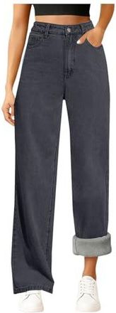 Generic Jean moulant large avec doublure en polaire thermique pour femme - Jambe droite - Taille haute - Taille basse, Bleu fonc&eacute;., XL