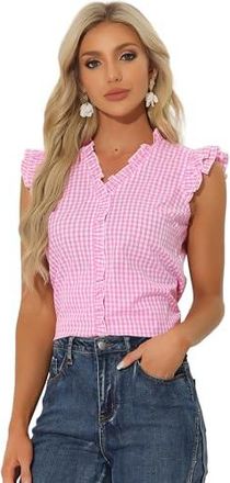 Allegra K Chemise à volants pour femme avec col en V et manches courtes, chemisier vichy à carreaux des années 50, rose, S