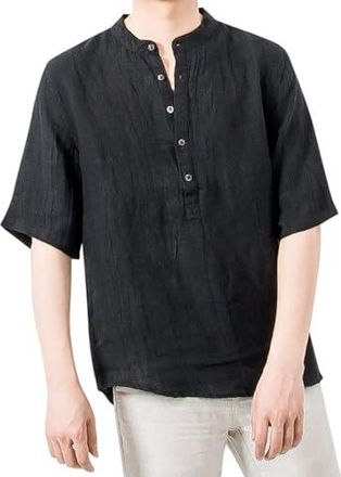 Generic Chemise d&eacute;t&eacute; d&eacute;contract&eacute;e en lin pour homme - Chemise d&eacute;t&eacute; en coton et lin - Chemise de loisirs - Chemise d&eacute;t&eacute; &agrave; manches longues - Coupe droite, Noir,