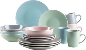 Mäser 934006 Serie Elissa, Modernes Geschirr Set für 4 Personen in bunten Mattglasuren mit weißem Rand, 16-teiliges Kombiservice, Steinzeug, Bunt