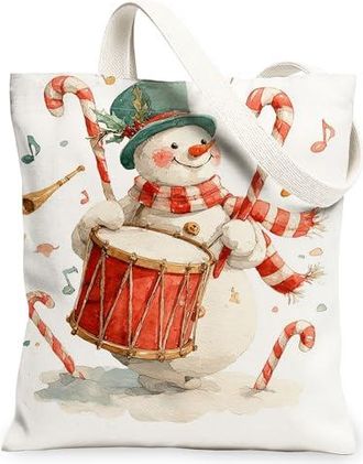 Generic Sac fourre-tout en toile motif bonhomme de neige fantaisie, sac d&eacute;picerie r&eacute;utilisable, l&eacute;ger et lavable, Blanc, 13x15 Inch