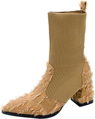 Generic Bottines dhiver tendance à bout pointu pour femme - Confortables - Talon bloc - Chaussettes tricotées - Chaussures décontractées et chaudes, kaki, 39.