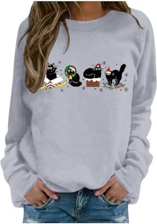 Generic Pull de No&euml;l pour chat noir avec lumi&egrave;res de No&euml;l, chemise &agrave; col rond, pull de vacances, pull &agrave; manches longues, chemisier &agrave; col rond, surdimensionn&eacute;,