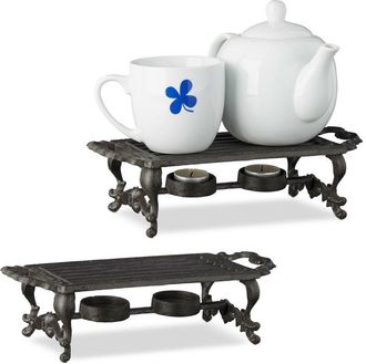 Relaxdays R&eacute;chauffe plat, en lot de 2, chauffe-plat r&eacute;chaud fonte bougie th&eacute;i&egrave;re caf&eacute; antiquit&eacute;s HxlxP: 8,5 x 30 x 13,5 cm, marron