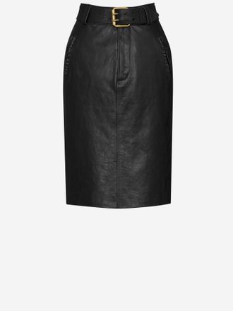 Saint Laurent Womens Pencil Skirt With Leather Belt, Black Calf