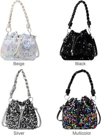 Generic Cymwer Sac &agrave; bandouli&egrave;re &agrave; paillettes pour femmes, sac &agrave; bandouli&egrave;re seau &agrave; cordon de serrage, sac &agrave; main scintillant (Beige)