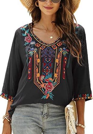 JD Williams Hauts brod&eacute;s boh&egrave;me mexicaine pour femmes &eacute;t&eacute; Boho chemises hippie paysanne &agrave; manches 3/4 col en V blouses tunique, XXL