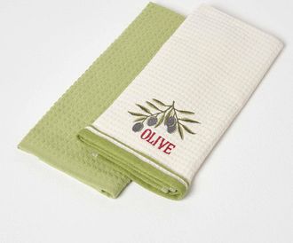 Homescapes 2er-Set saugfähige Geschirrtücher Waffelpiqué grün & naturweiß, Küchenhandtücher Baumwolle mit Motiv Olive, Geschirrhandtücher 40x60 cm