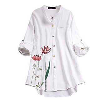 Generic Tunique en coton grande taille - Haut en lin &agrave; manches longues pour femme - Chemise boutonn&eacute;e &agrave; imprim&eacute; floral - Col rond - Taille fusel&eacute;e - Ourlet am