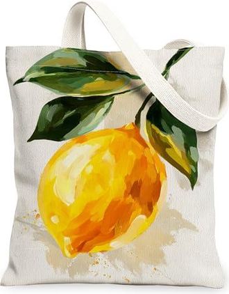 Generic Sacs fourre-tout en toile motif citron, sacs d&eacute;picerie r&eacute;utilisables, l&eacute;gers et lavables avec bandouli&egrave;re, jaune, 13x15 Inch