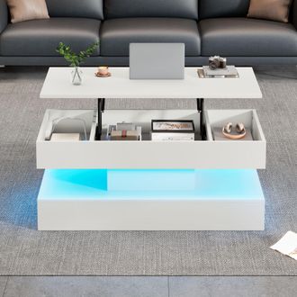 Generic Moderner Couchtisch mit LED-Beleuchtung, verstecktem Stauraum und hydraulischem Hub - Beistelltisch h&ouml;henverstellbar, robust bis 50 kg, ideal f&uuml;r Wohn