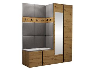 Mirjan24 Garderoben-Set Monati XII, Kleiderschrank mit Spiegel, Schuhschrank, 2X Kleiderhakenbrett, Gepolstertes Paneel/Wandpaneel, 6 Doppelhaken, Flurgarderob