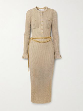 Self Portrait Robe Midi En Mailles Côtelées Métallisées À Volants Et À Ceinture - Doré