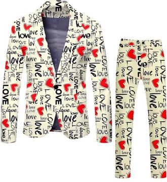 Generic KBOPLEMQ Costume de Saint-Valentin pour homme 2 pi&egrave;ces &eacute;l&eacute;gant blazer f&ecirc;te costume imprim&eacute; avec imprim&eacute; coeur amusant veste streetwear avec pantalon c