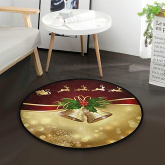 Mnsruu Teppich mit goldfarbenem Glöckchen und Schneeflocken, rund, für Wohnzimmer, Schlafzimmer, 92 cm Durchmesser