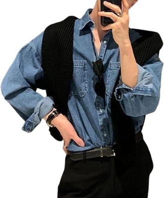 Generic Chemise d&eacute;contract&eacute;e &agrave; manches longues en jean pour homme - Pour activit&eacute;s de plein air, bleu clair, 3XL