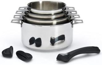 De Buyer de Buyer - Set aus 4 Kasserollen TWISTY aus Edelstahl mit schwarzen Silikongriffen und Stiel - 14/ 16/ 18/ 20 cm Durchmesser - 3491.04, Silber