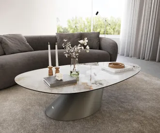 DELIFE Couchtisch Edge Oval 140x75 cm Keramik Minas Melange Conis Metall Effektfinish Titan, Couchtische