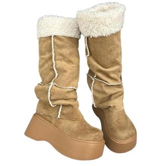 Generic JJDFW Bottes de neige plates pour femme avec doublure en fourrure et doublure en fourrure, kaki, 39 2/3 EU
