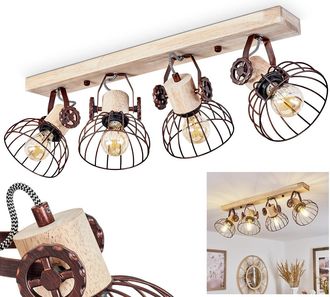 HOFSTEIN Deckenleuchte Orny, Deckenlampe im Vintage-Design aus Holz/Metall in Natur/Rostfarben m. Schirmen in Gitter-Optik und Holzbalken, Textilkabeln u. vers