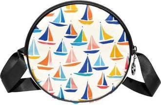 Generic Petit sac &agrave; bandouli&egrave;re rond pour femme, motif bateau &agrave; voile de dessin anim&eacute;, avec fermeture &eacute;clair, bretelles r&eacute;glables, sac &agrave; main rond d&eacute;contract&eacute;