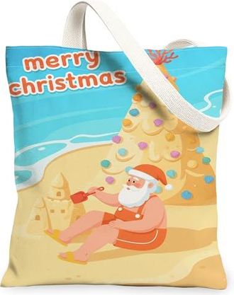 Generic Sac fourre-tout en toile motif P&egrave;re No&euml;l, vacances &agrave; la plage, sacs d&eacute;picerie r&eacute;utilisables, l&eacute;gers et lavables, bleu, 13x15 Inch