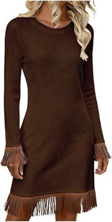 Generic Robe tunique d&eacute;contract&eacute;e en tricot &agrave; manches longues pour femme - Col rond - Ourlet &agrave; franges - Style boh&egrave;me - Pour le printemps et l&eacute;t&eacute;, caf&eacute;, XL