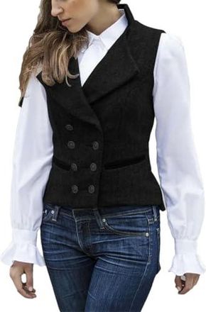 Generic Gilet de costume pour femme Bleu marine clair Double boutonnage Laine à chevrons Tweed formel Bureau BUKiness Gilet, Noir, XL