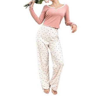 Generic Ensemble Pyjama Femme Confortable en Dentelle Col Rond Haut Court Côtelé et Pantalon Long Deux Pièces
